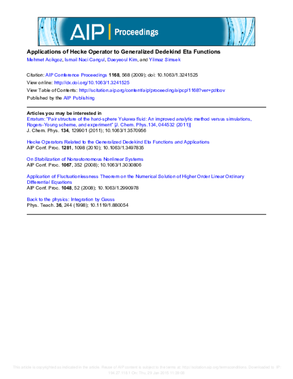 Pdf Applications Of Hecke Operator To Generalized Dedekind Eta Functions