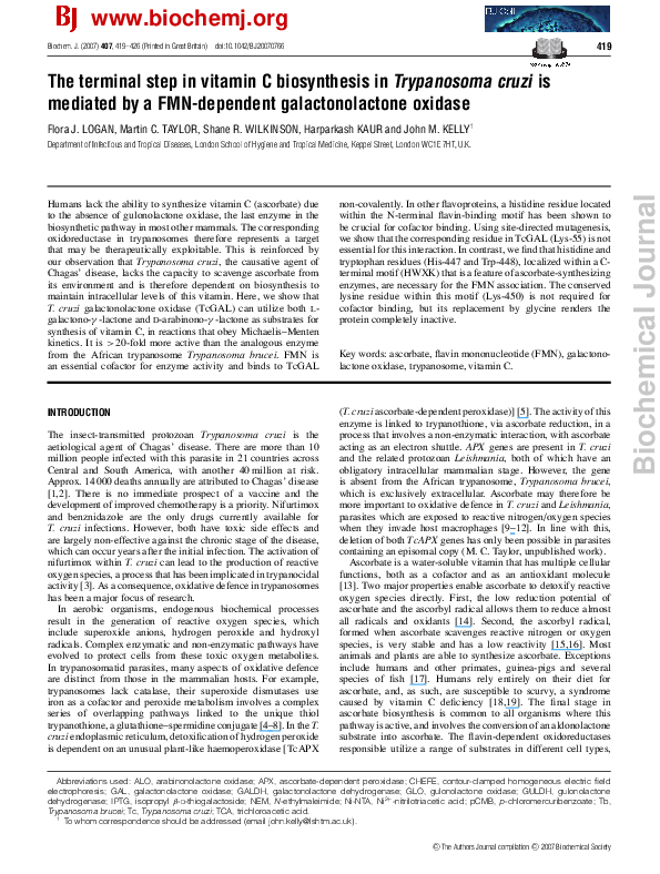 (PDF) The terminal step in vitamin C biosynthesis in Trypanosoma cruzi ...