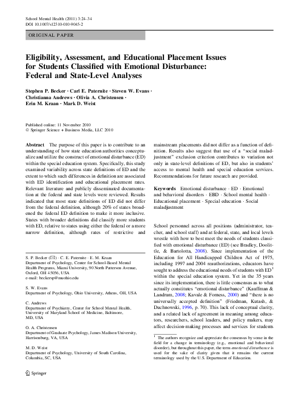 (PDF) Eligibility, Assessment, and Educational Placement Issues for ...