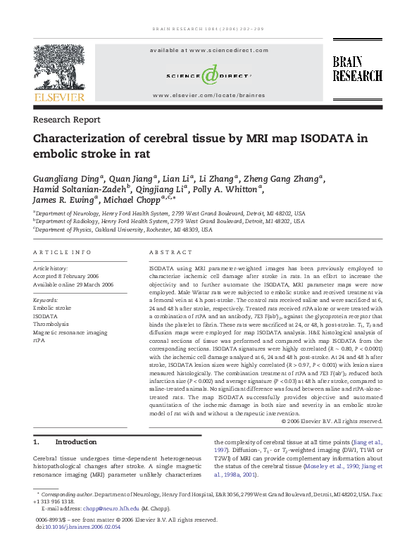 (PDF) Characterization of cerebral tissue by MRI map ISODATA in embolic ...