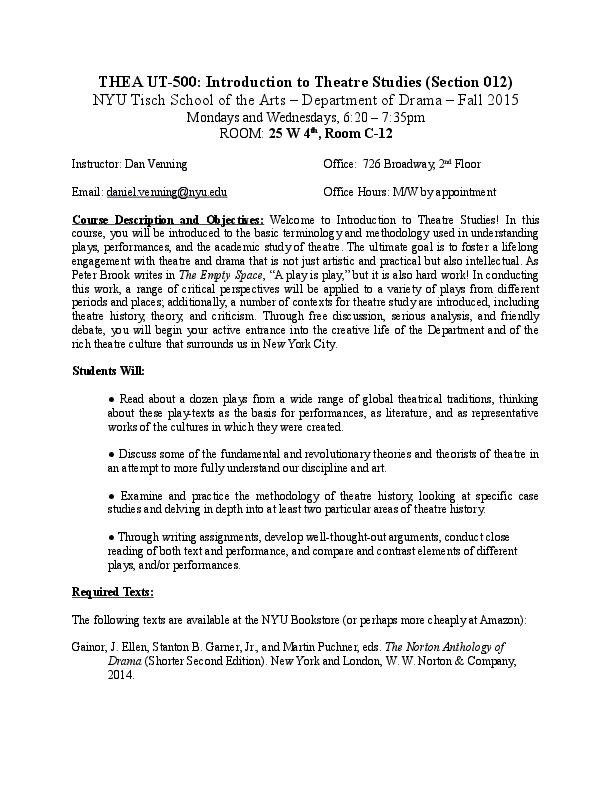 (DOC) Syllabus: Introduction to Theatre Studies, New York University ...