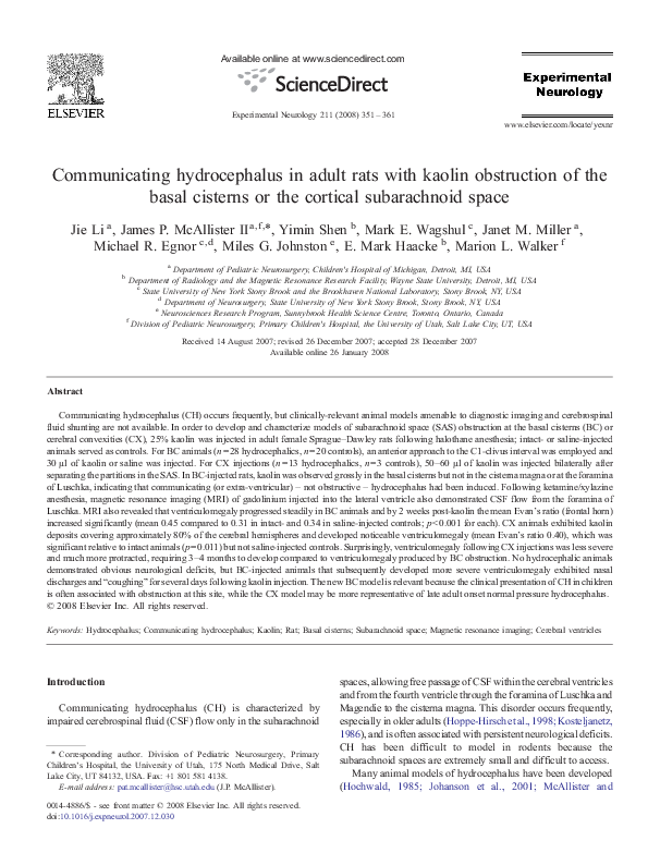 (PDF) Communicating hydrocephalus in adult rats with kaolin obstruction ...