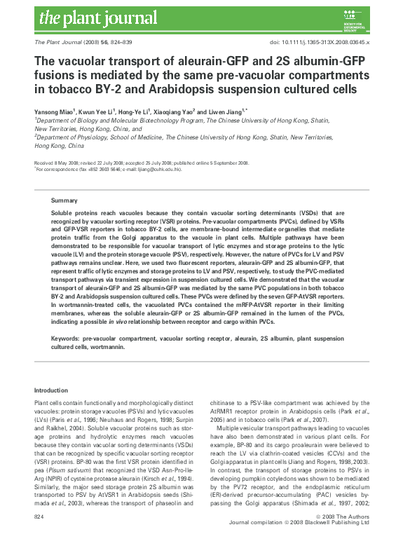 (PDF) The vacuolar transport of aleurain-GFP and 2S albumin-GFP fusions ...