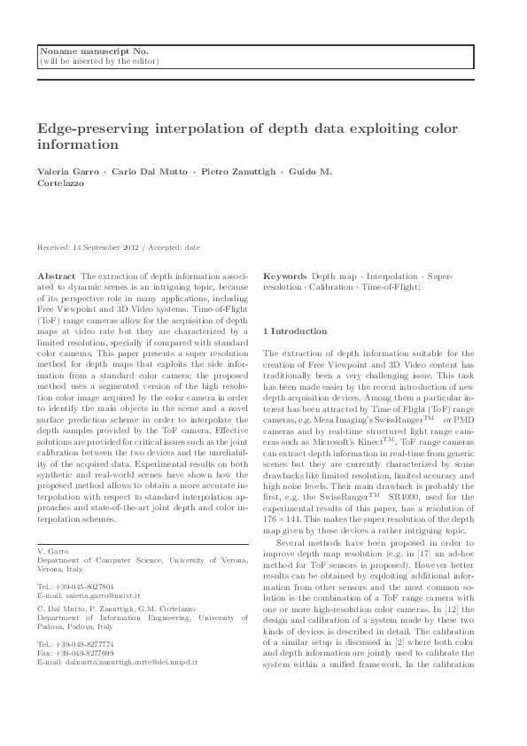 (PDF) Edge-preserving interpolation of depth data exploiting color information