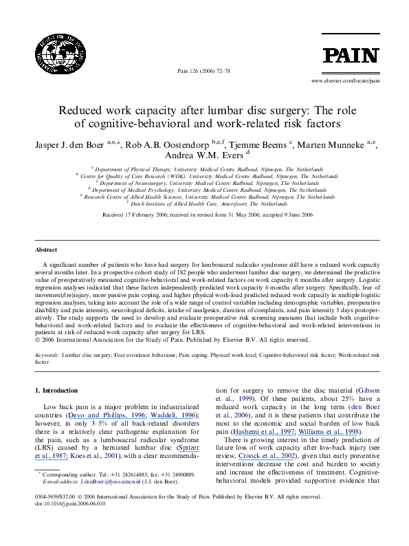 (PDF) Reduced work capacity after lumbar disc surgery: The role of ...