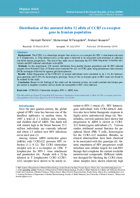 (PDF) Distribution of the mutated Delta32 allele of the CCR5 gene in a ...