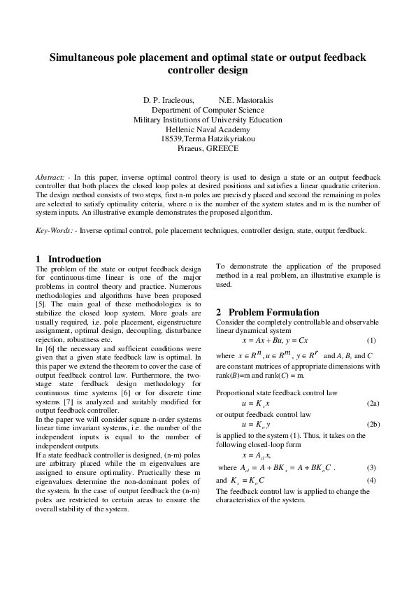 Simultaneous Pole Placement And Optimal State Or Output Feedback