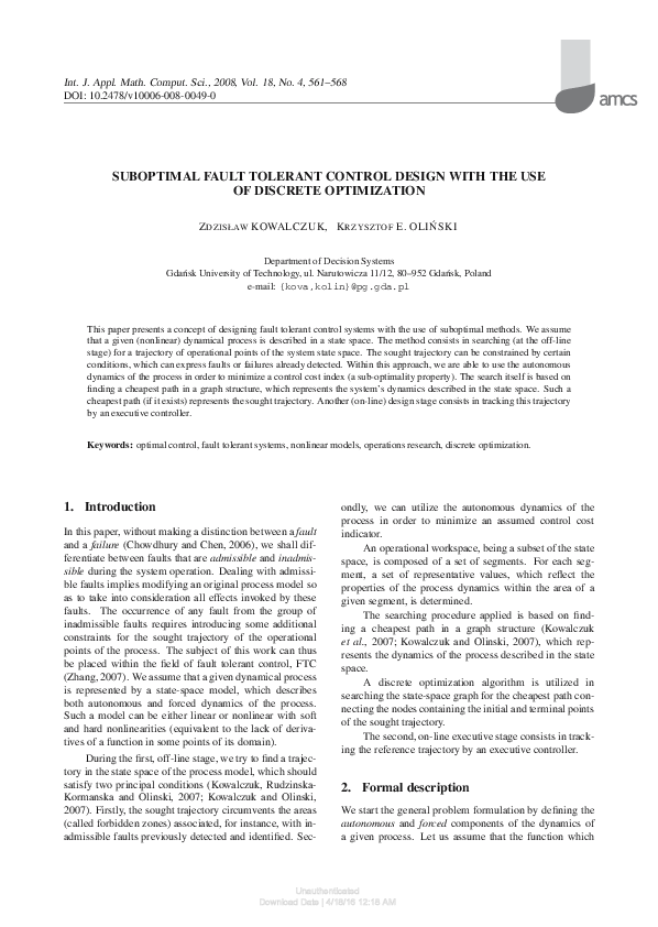 (PDF) Suboptimal Fault Tolerant Control Design with the Use of Discrete Optimization
