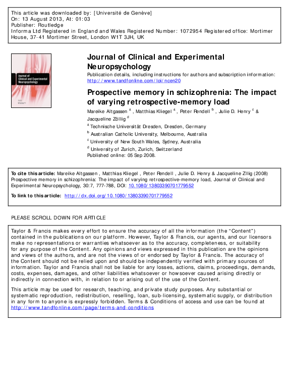 Pdf Prospective Memory In Schizophrenia The Impact Of Varying Retrospective Memory Load