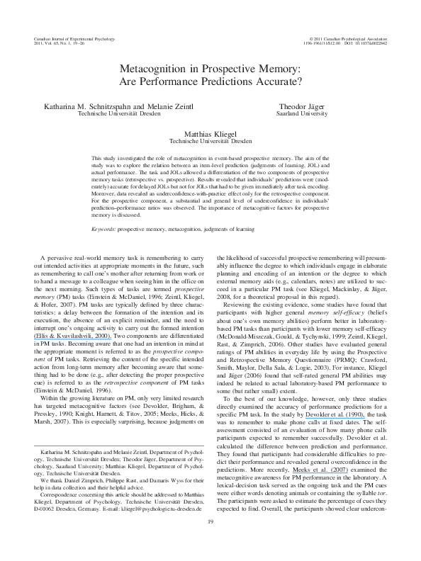 (PDF) Metacognition in prospective memory: Are performance predictions ...