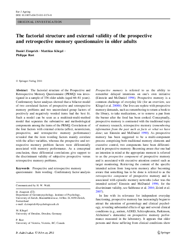 Pdf The Factorial Structure And External Validity Of The Prospective And Retrospective Memory