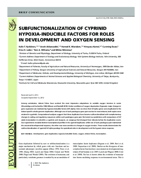 (PDF) SUBFUNCTIONALIZATION OF CYPRINID HYPOXIA-INDUCIBLE FACTORS FOR ...