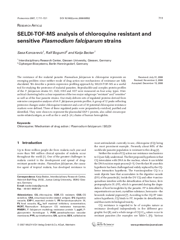 (PDF) SELDI-TOF-MS analysis of chloroquine resistant and ...