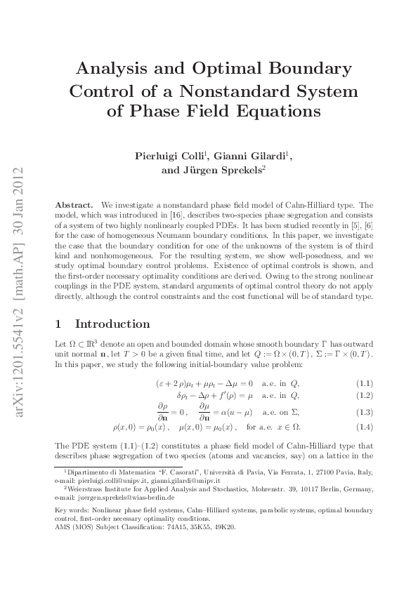 Pdf Analysis And Optimal Boundary Control Of A Nonstandard System Of