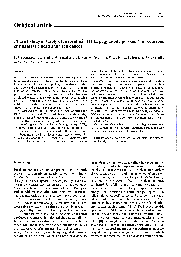 (PDF) Phase I study of Caelyx (doxorubicin HCL, pegylated liposomal) in ...