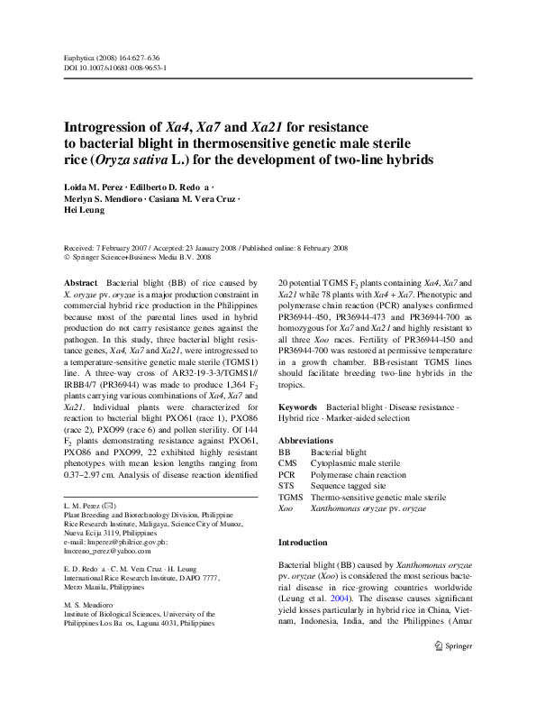 (PDF) Introgression of Xa4, Xa7 and Xa21 for resistance to bacterial blight in thermosensitive ...