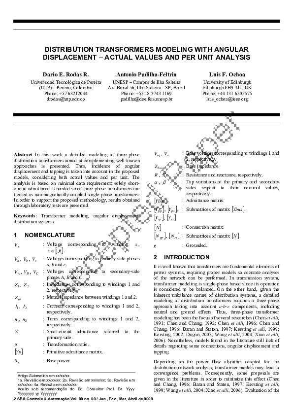 Distribution Transformers Modeling With Angular Displacement Actual Values And Per Unit Analysis