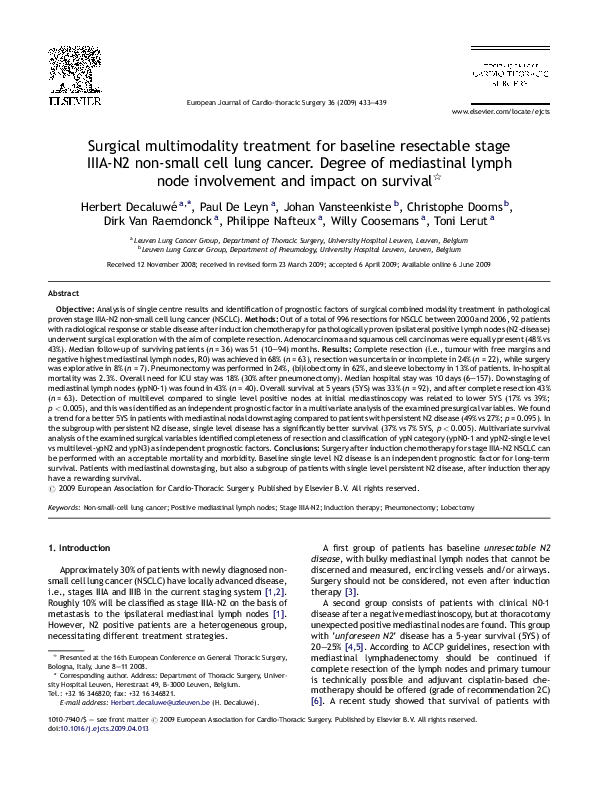 Pdf Prognostic Factors In Stage Iiia N2 Nsclc Surgery