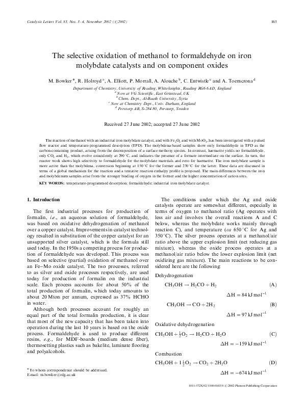 (PDF) Selective Oxidation of Methanol to Formaldehyde Using Modified ...