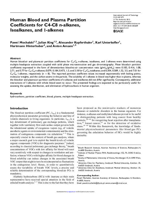 (PDF) Human Blood and Plasma Partition Coefficients for C4-C8 n-alkanes ...