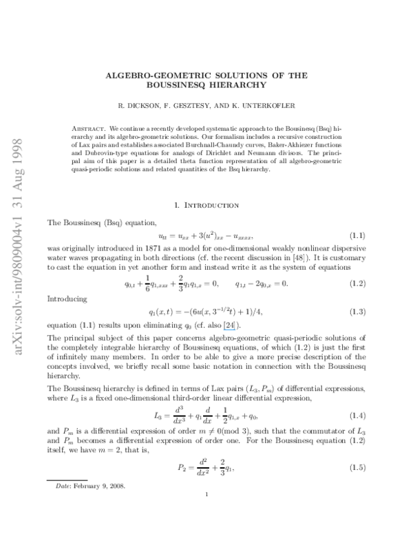 (PDF) ALGEBRO-GEOMETRIC SOLUTIONS OF THE BOUSSINESQ HIERARCHY (PDF) ALGEBRO-GEOMETRIC SOLUTIONS OF THE BOUSSINESQ HIERARCHY