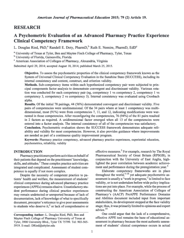 (PDF) A psychometric evaluation of an advanced pharmacy practice experience clinical competency ...