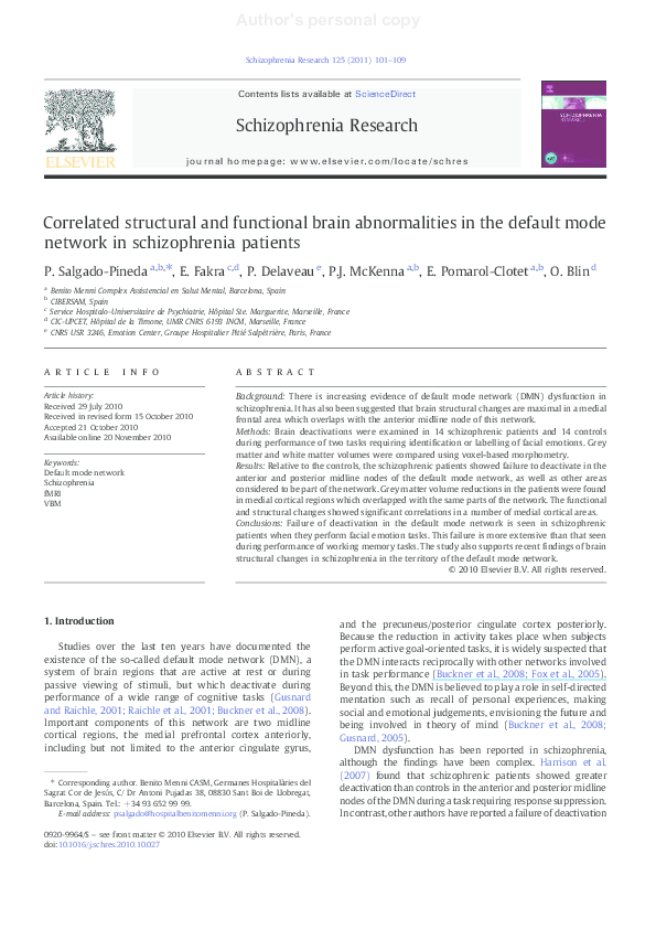 (PDF) Correlated structural and functional brain abnormalities in the default mode network in ...