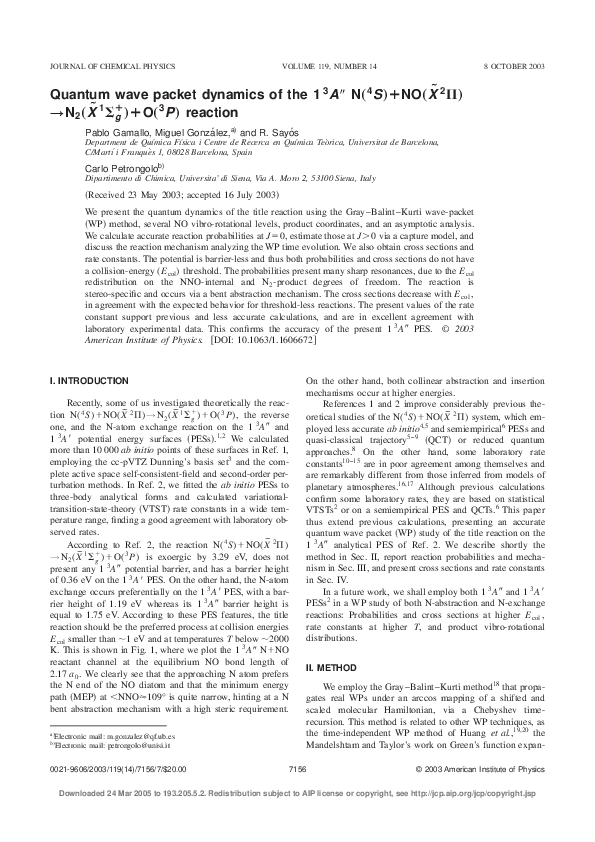 (PDF) Quantum wave packet dynamics of the 1 3A″ N(4S)+NO(X˜ 2&)↠N2(X˜ 1Σg+)+O(3P) reaction