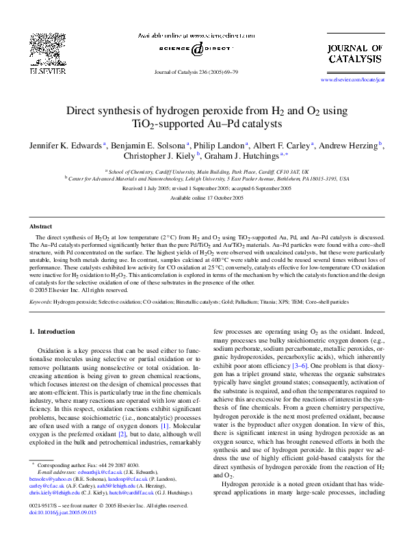 (PDF) Direct synthesis of hydrogen peroxide from H2 and O2 using Pd and ...