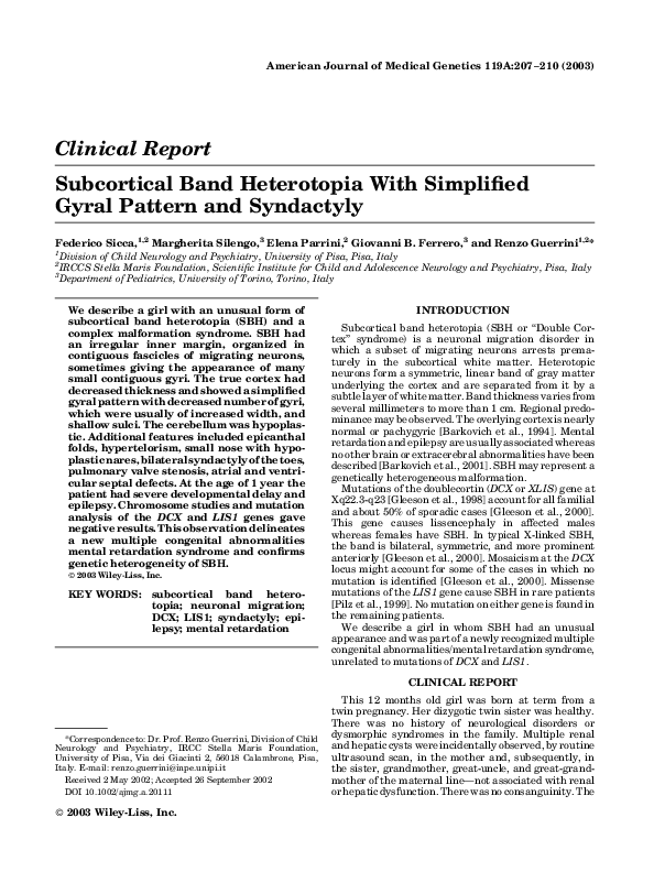 (PDF) Subcortical band heterotopia with simplified gyral pattern and ...