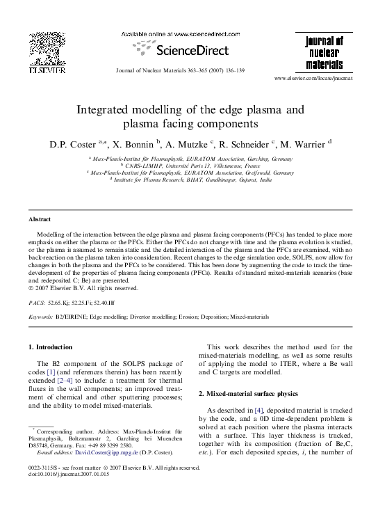 (PDF) Integrated modelling of the edge plasma and plasma facing components
