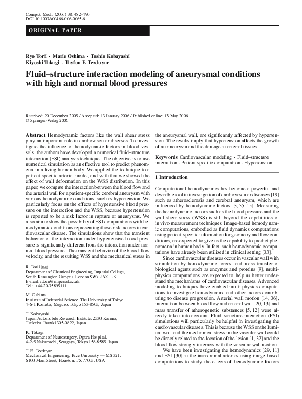 (PDF) Fluid–structure Interaction Modeling of Aneurysmal Conditions with High and Normal Blood ...