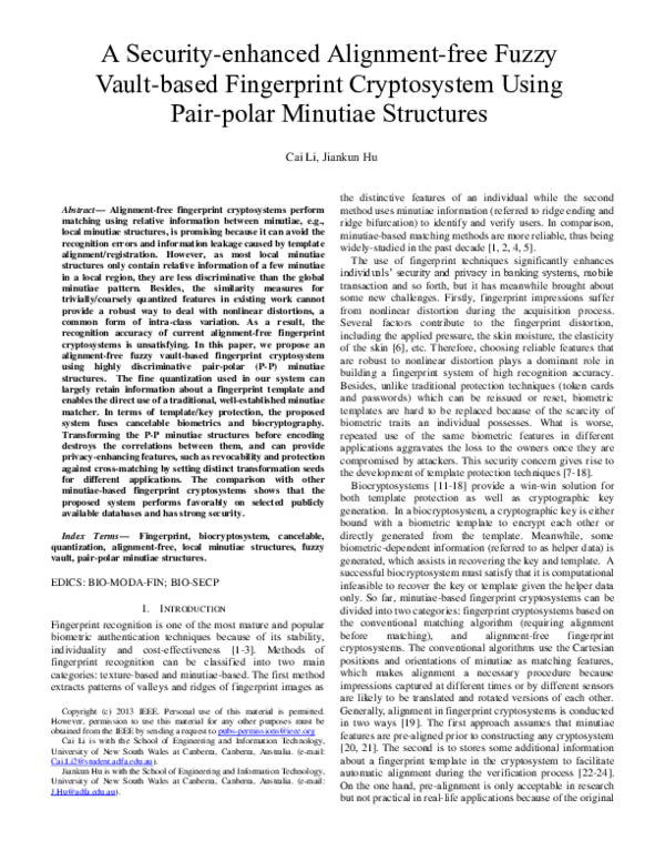 (PDF) A Security enhanced Alignment free Fuzzy Vault based Fingerprint Cryptosystem Using Pair ...