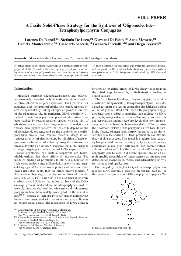(PDF) A Facile Solid-Phase Strategy for the Synthesis of Oligonucleotide-Tetraphenylporphyrin ...