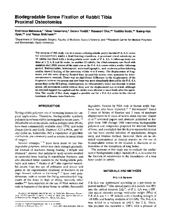 (PDF) Biodegradable screw fixation of rabbit tibia proximal osteotomies