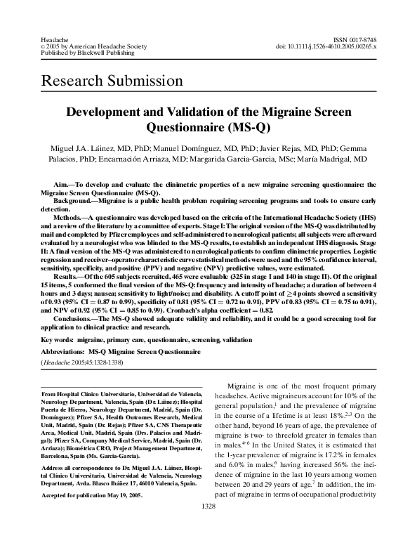 (PDF) Development and Validation of the Migraine Screen Questionnaire ...