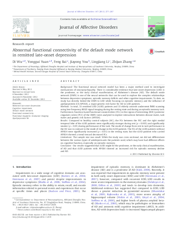 (PDF) Abnormal functional connectivity of the default mode network in remitted late-onset ...