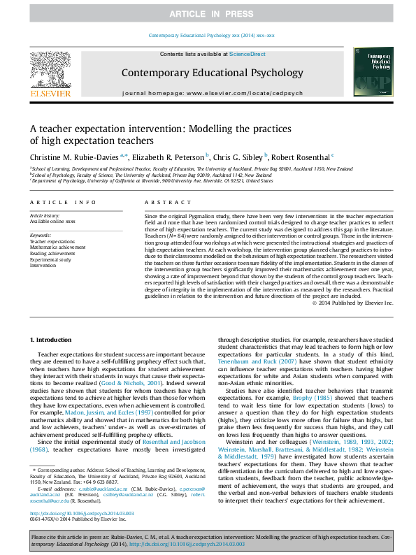 (PDF) A teacher expectation intervention: Modelling the practices of ...