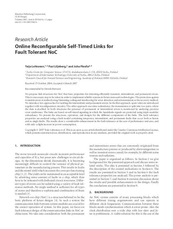 (PDF) Online Reconfigurable Self-Timed Links for Fault Tolerant NoC