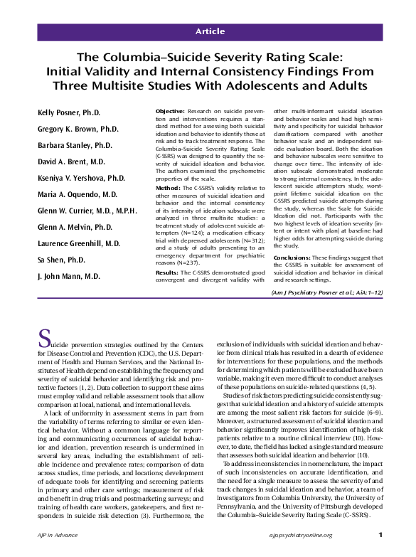 (PDF) The Columbia–Suicide Severity Rating Scale: Initial Validity and ...