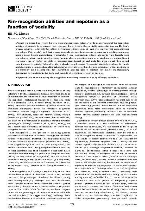 (PDF) Kin-recognition abilities and nepotism as a function of sociality