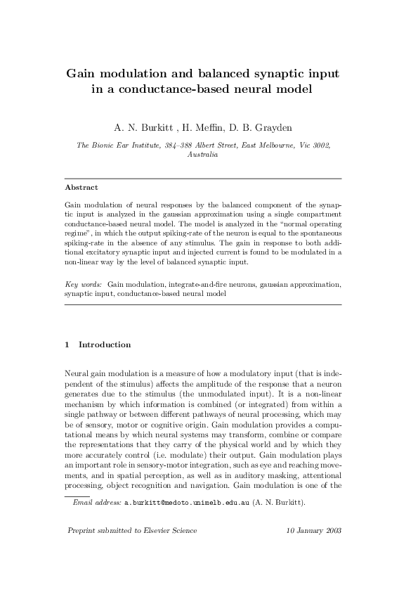 (PDF) Gain modulation and balanced synaptic input in a conductance-based neural model | Anthony ...