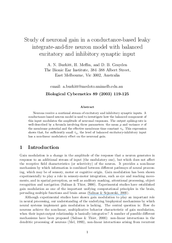 (PDF) Study of neuronal gain in a conductance-based leaky integrate-and-fire neuron model with ...