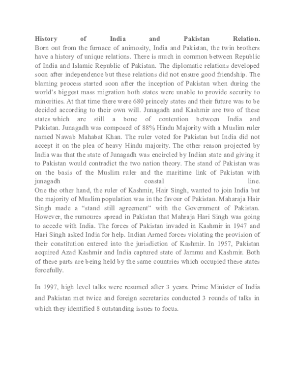 (DOC) History of India and Pakistan Relation