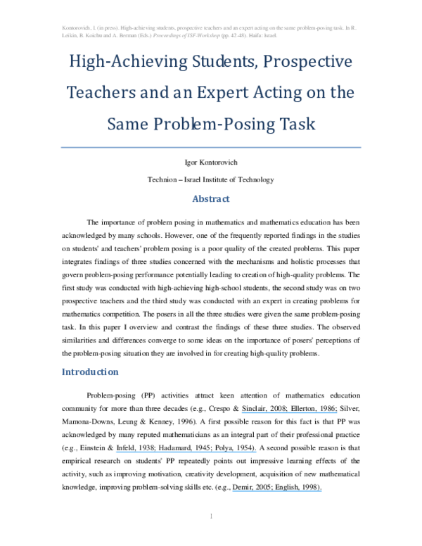 (PDF) High-achieving students, prospective teachers and an expert acting on the same problem ...