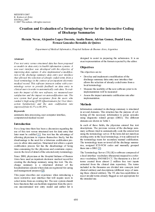Pdf Creation And Evaluation Of A Terminology Server For The Interactive Coding Of Discharge