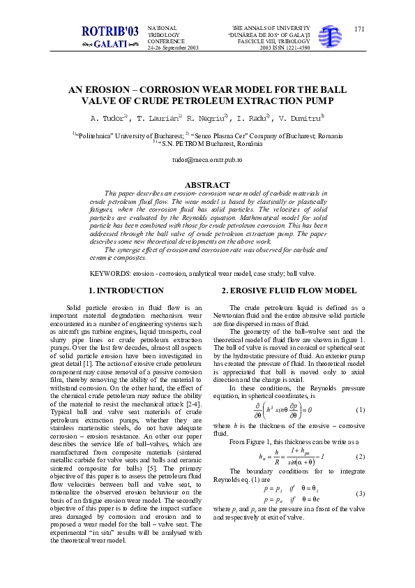 (PDF) An Erosion - Corrosion Wear Model for the Ball Valve of Crude ...