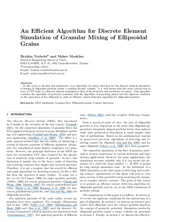Pdf An Efficient Algorithm For Discrete Element Simulation Of Granular Mixing Of Ellipsoidal