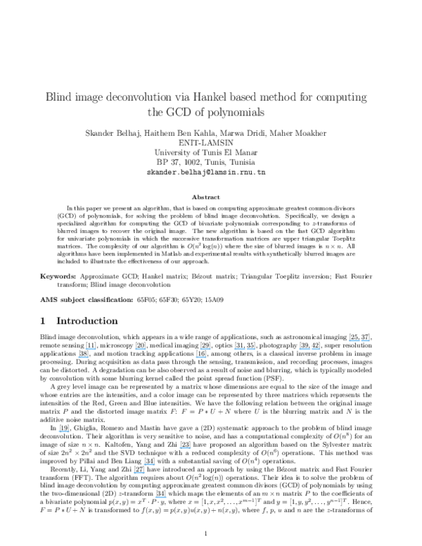 (PDF) Blind image deconvolution via Hankel Based Method for computing the GCD of polynomials