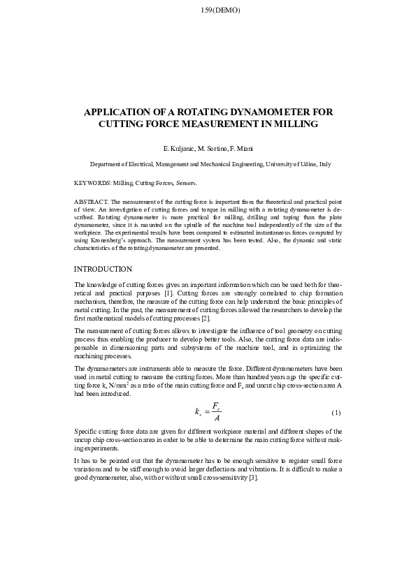 Pdf Application Of A Rotating Dynamometer For Cutting Force Measurement In Milling